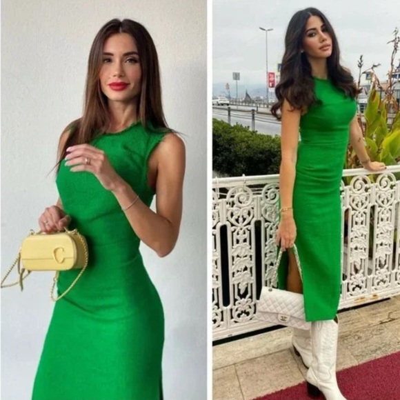 Zara | Dresses | Zara Long Tweed Textured Weave Dress Green Size S New | Poshmark